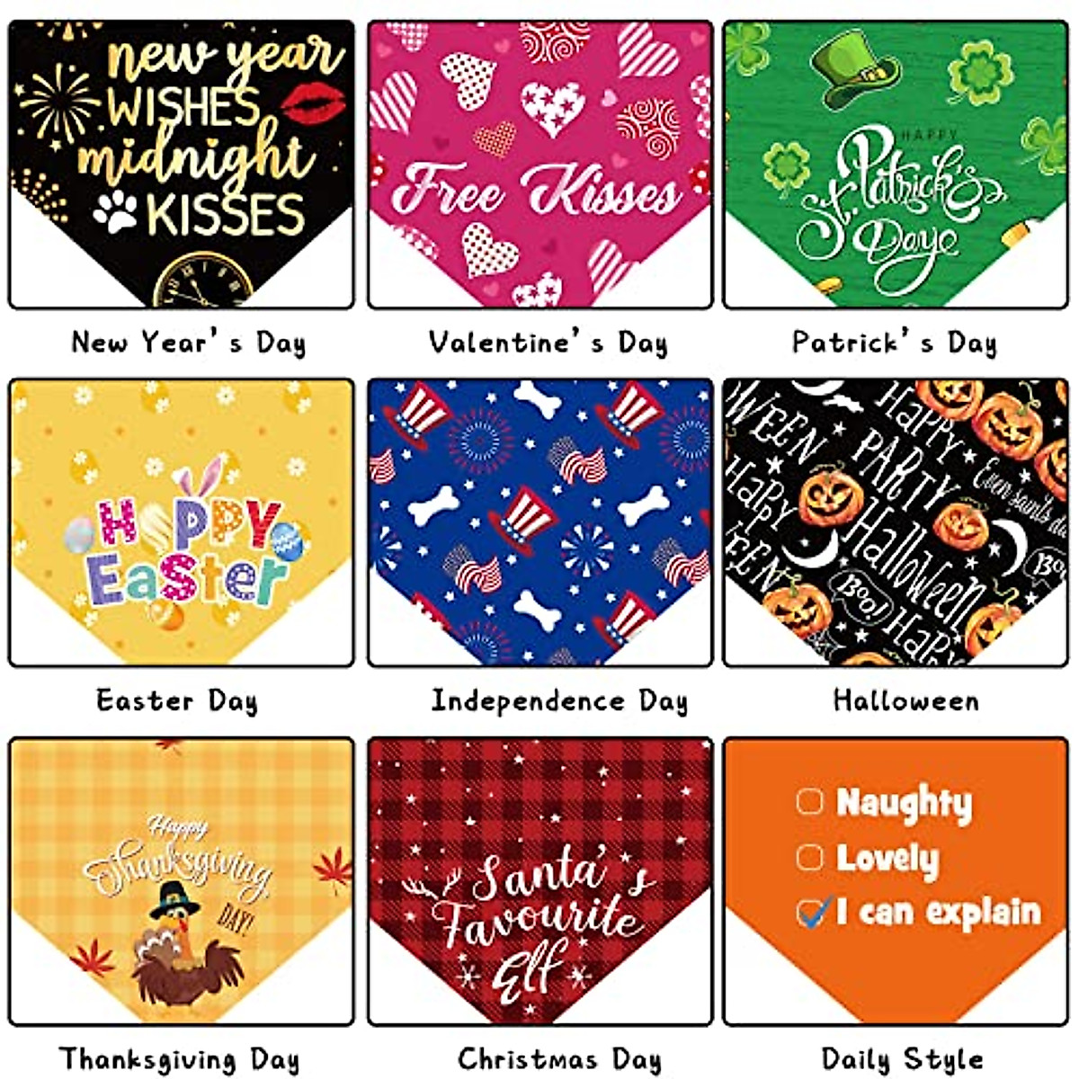 9 Pieces Holiday Dog Bandanas Halloween Dog Bandanas Thanksgiving Christmas Dog Handkerchief Adjustable Large Pet Scarf Washable Dog Scarves for Dog Costume Supply (Cute Pattern)