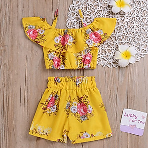 BOEBNOZCV Toddler Baby Girl Floral Halter Ruffled Outfits Set Yellow Strap Crop Tops+ Shorts Pants Summer Clothes Set