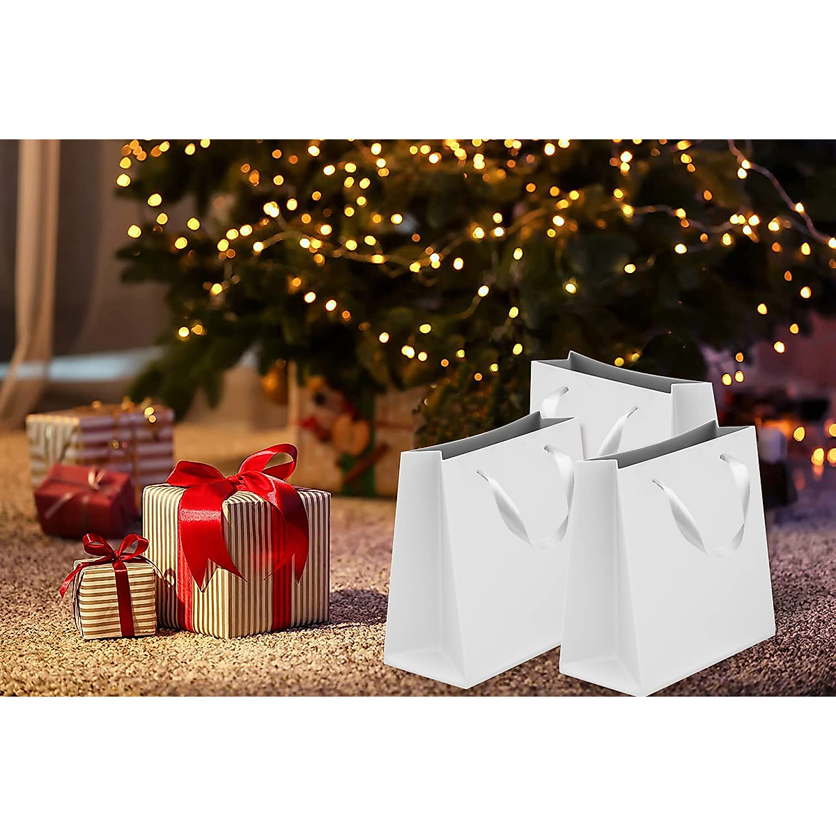20 Pcs White Kraft Paper Gift Bags 10.6 x 8.2 x 3.1 Inch Gift Bags Bulk with Handles for Retail Bag, Party Favor Bag, Birthday Gift Bag, Merchandise Boutique Retail Bags