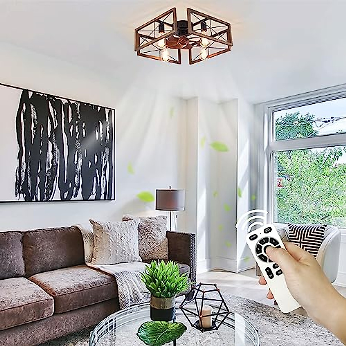 Capslpad 20''Farmhouse Flush Mount Ceiling Fan with Light and Remote Control,Industry Wood Low Profile Fan Rustic Industrial Caged Indoor Ceiling Fan for Bedroom Living Room Kitchen (4-Light)