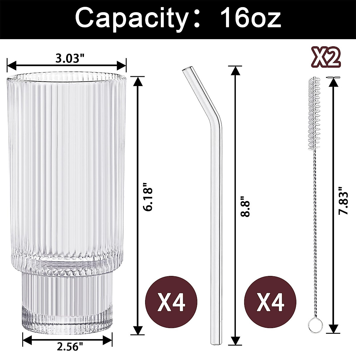 16oz Ribbed Drinking Glasses Set of 4, Clear Reusable Ribbed Glassware, Iced Coffee Cup, Cocktail Can Beer Glasses Cups with Straws, Vintage Wine Tea Water Glass Tumbler, Cute House Warming Gifts