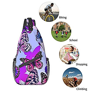 DOHOOC Purple Butterflies Sling Backpack for Women Crossbody with Zipper Pocket Rope Bags for Climbing Casual Daypack Bag Hiking Travel Sports Cycling Biking Outdoor