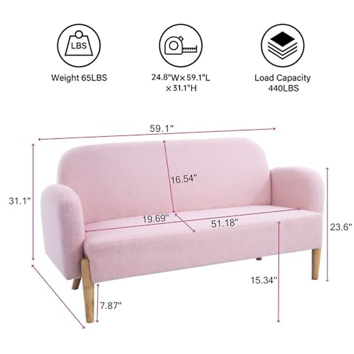 PIETFIU (New) 59" Teddy Velvet Loveseat Sofa,Modern Small Sofa Couch with Arms,Mini Love Seat Recliner with 3 Pillows for Bedroom Living Room Small Space Apartment Home Office Dorm (Pink)