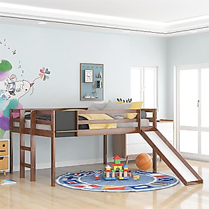 Full Loft Bed with Slide for Kids Wood Low Loft Bed with Ladder and Chalkboard, Kids Loft Bed Frame for Living Room Bedroom, Guest Room (Full Size, White)