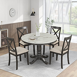 Modern 5-Piece Round Table and Chairs Set for 4 Persons, Solid Wood Dining Table Set with 4 Dining Chairs, Marble Veneer Kitchen Table Sets for Small Space Dining Room (Gray+Marble Veneer Table)