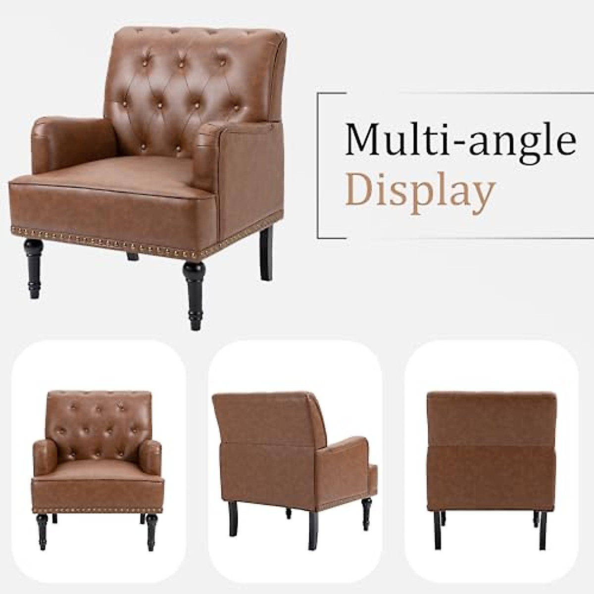 MOJAY Mid-Century PU Leather Accent Chair, Living Room Lounge Sofa Chair with Black Painted Rubber Wood Feet, Single Club Armchair with Rivet Trim for Bedroom Home Reception (Brown)