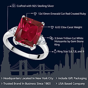 Gem Stone King 925 Sterling Silver Red Created Ruby and White Moissanite 3 Stone Ring For Women (6.02 Cttw, Emerald Cut 12X10MM, Trillion 3.5MM, Available In Size 5, 6, 7, 8, 9)