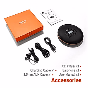 HOTT CD611 CD Player Portable Anti-Shock Personal Portable CD Player with Headphones USB AUX Output for Car Travel Home - Black