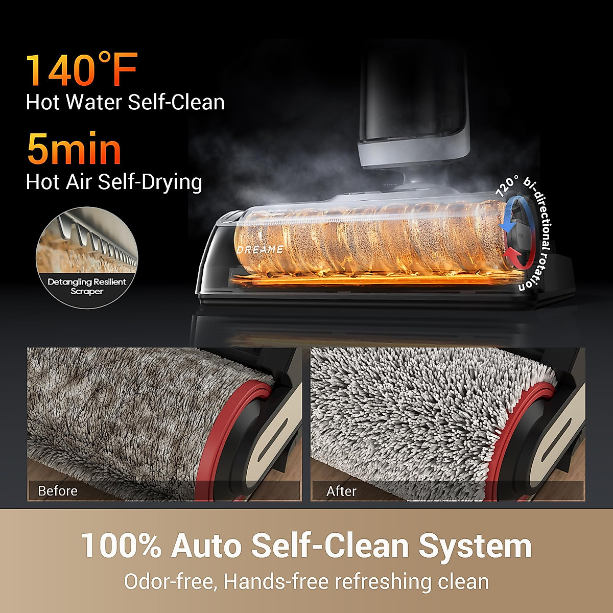 dreame H14 Wet Dry Vacuum Cleaner, 180° Lie-Flat Cordless Vacuum Mop, 140°F Brush Washing, Fast Hot Air Drying in 5Mins, Smart Hard Floor Cleaner Machine with Powerful Suction, Great for Sticky Messes