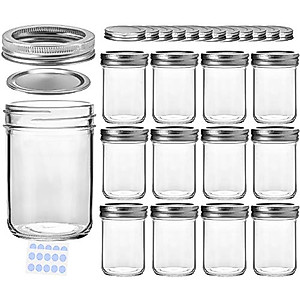 KAMOTA DIY Glass Mason Jars With Bands, 8 oz, Ideal for Jam, Spice, Honey, Wedding , Shower Favors, 12 PACK, Extra 12 Regular Lids & 20 Whiteboard Labels