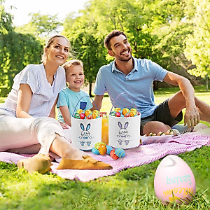 Waarms 2 Pack Easter Bunny Basket Bags for Kids, Canvas Cotton Personalized Egg Basket Hunt Bags Cute Rabbit Print Buckets for Easter Eggs, Candy, Gift (Blue, Purple)