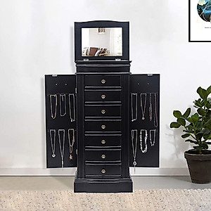 EEBUIHUI Standing Jewelry Armoire Cabinet Storage Chest with 7 Drawers, 2 Swing Doors, 24 Necklace Hooks, Makeup Mirror Storage Organizer, Large Standing Jewelry Armoire (Black)