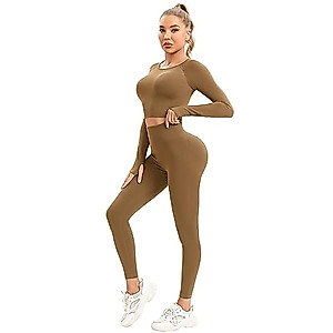 PINKSAVIOR Women’s Two Piece Outfits Yoga Pants Set Seamless High Waist Leggings and Quick-Dry Yoga Crop Tops Athletic Sports Set(P068 Coffee L)