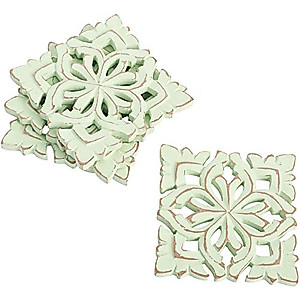 Farmhouse Decor Wood Coasters for Drinks - Kitchen Table Drink Coaster Set of 4 (Square Carved Blossom Sage Green)