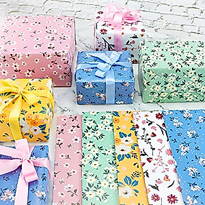 PETOX Gift Wrapping Paper Set 19.7 x 27.5 Inch - Floral Flower Birthday Wrapping Paper for Girls/Women, Wrapping Paper and Ribbon Set for Wedding, Mother's Day (Pack of 10)