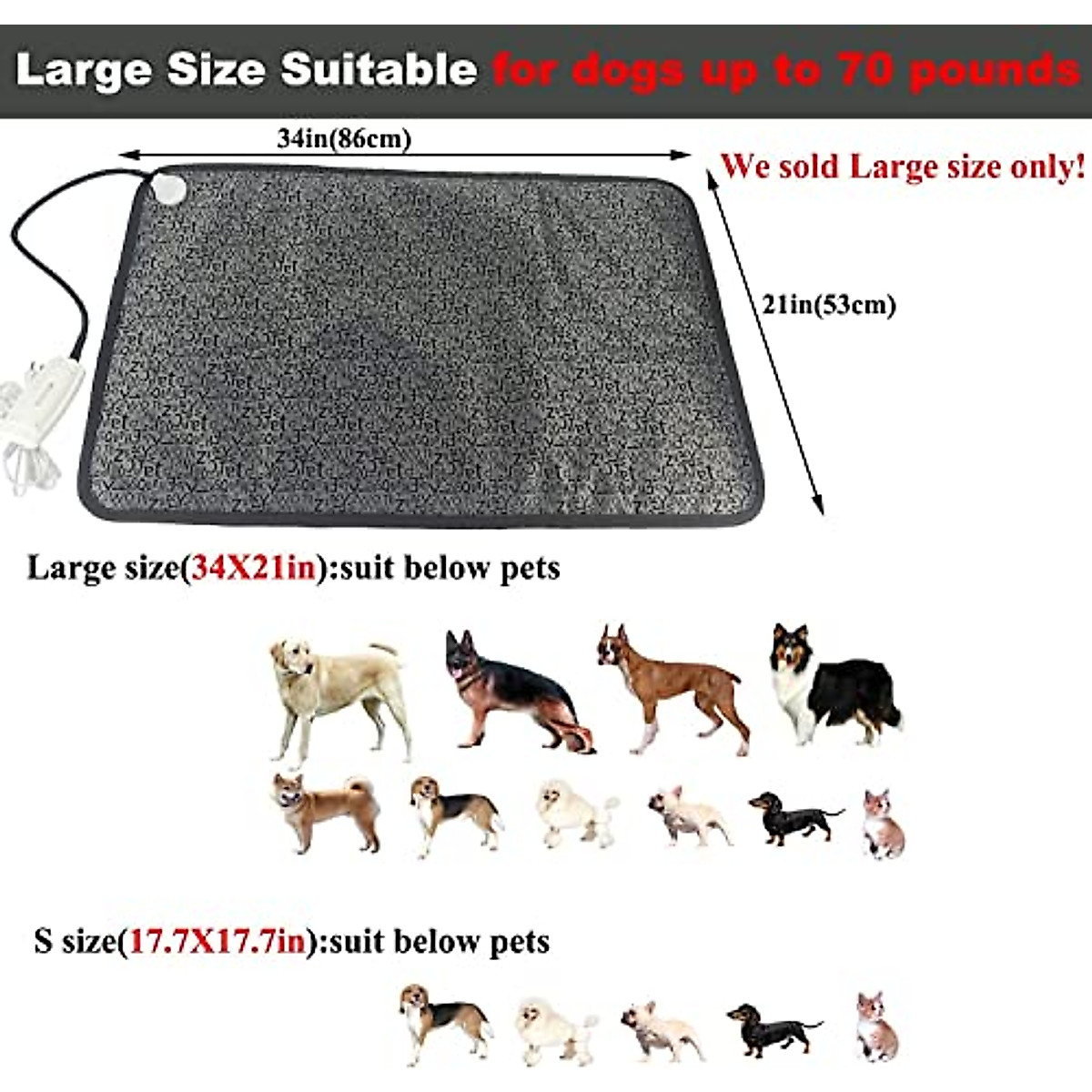 DEOMAN Pet Heating Pad for Dogs Heated cat Bed mat Indoor Electric Dog Heating pad cat Heating pad Chew Proof Cord,Large Size,Easy Clean