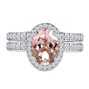 GEMVIO Collection 8X6MM Oval Cut Natural Morganite Gemstone & Natural Diamond Halo Bridal Set Engagement Ring In 14K White Gold Over Sterling Silver Anniversary Wedding Ring (1.40 Cttw)-7