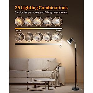 LEPOWER LED Floor Lamp, Reading Standing Lamps with Adjustable 5 Brightness Levels and 5 Colors, Dimmable Gooseneck Floor Lamp for Living Room, Bedroom, Office, Black
