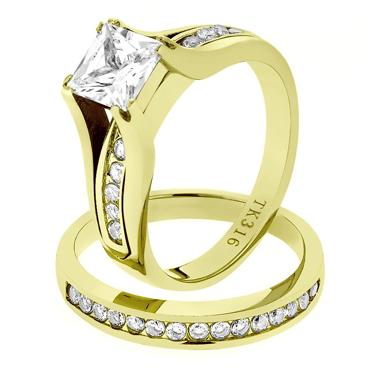 Marimor Jewelry Women's 2.10 Carat Zirconia Gold Plated Stainless Steel 316 Weddding Ring Set Size 6