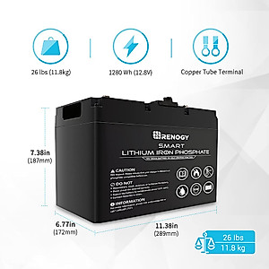Renogy 2 Pack Smart Lithium-Iron Phosphate Battery 12V 100Ah w/Self-Heating Function for RV, Solar, Marine, and Off-Grid Applications