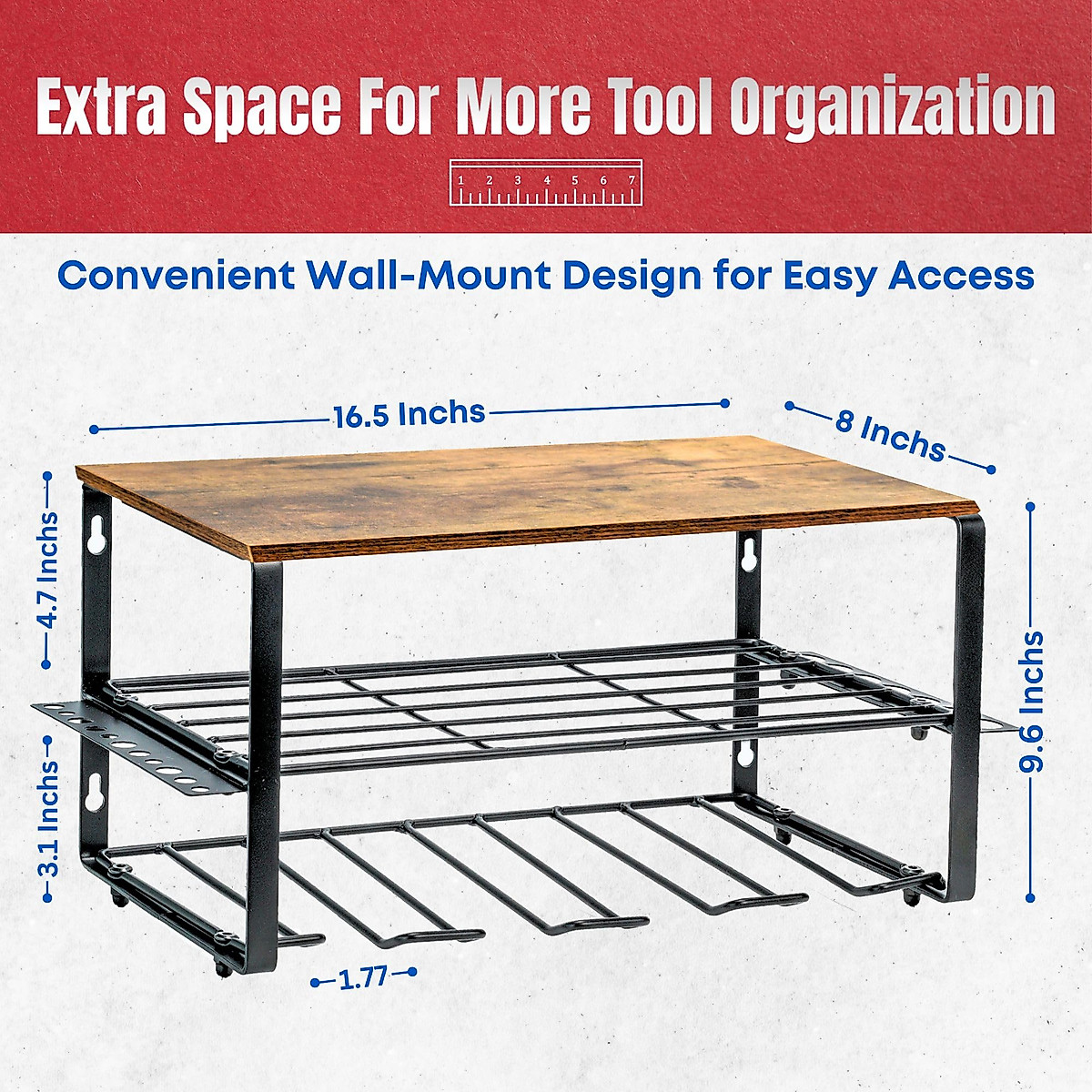 HomeBoo Power Tool Organizer, 4 Power Drill Holder Wall Mount, 3 Layers Heavy Duty Rack WOOD Top Shelf, Garage Tool Organizer, Garage Storage Shelf, Father Day Gift