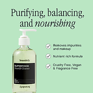Brandefy Superfood Face Wash, Gentle & pH Balanced Cleanser w/Kale, Green Tea, Spinach, Vitamin C, E, K2- Softens & Nourishes Skin, Organic Facial Cleanser for All Skin Types (8 Fl Oz)