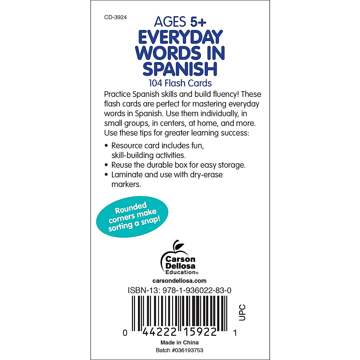 Carson Dellosa 104 Spanish Flash Cards for Kids, Spanish Vocabulary Flash Cards for Beginners, Picture Flash Cards for Toddlers, Learning Spanish Game for Beginners