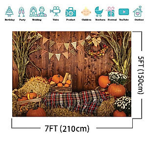AIIKES 7x5FT Fall Thanksgiving Photo Backdrop Rustic Wood Board Barn Harvest Photography Backdrop Autumn Pumpkin Leaves Flower Baby Birthday Portrait Party Decoration Photo Studio Props 11-741