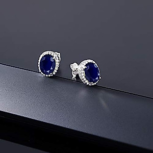 Gem Stone King 925 Sterling Silver Blue Sapphire Halo Earrings For Women (5.48 Cttw, Gemstone Birthstone, Oval 9X7MM)