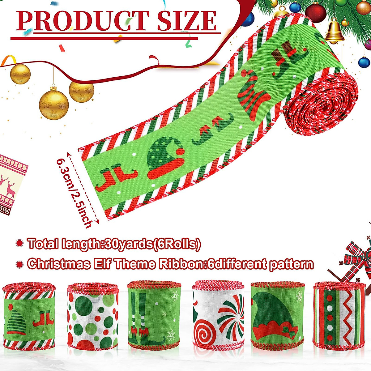Honic 6 Rolls 30 Yards Christmas Elf Wired Edge Ribbon Elf Hats Legs Multi Dots Stripes Swirl Diagonal Decorative Ribbon for Gift Wrapping Xmas Tree Wreath DIY Crafts
