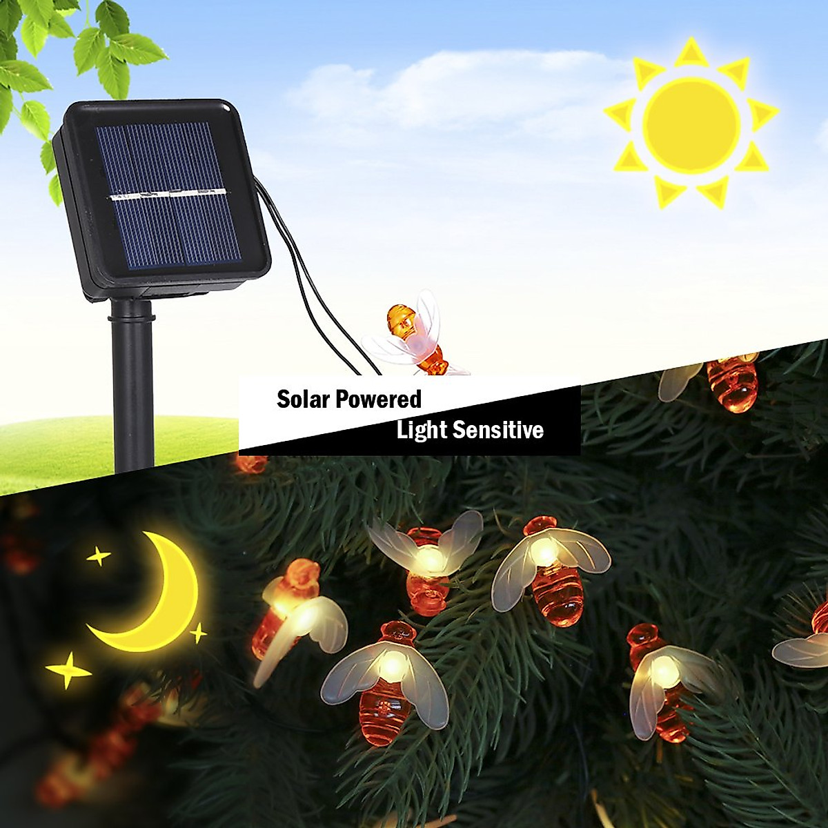 Tomshine Upgraded Solar String Lights Outdoor Waterproof 50 LED Solar Bee Fairy Lights 22.6ft 8 Lighting Modes with Control & Sensitive Light Sensor for Garden, Patio, Yard, Lawn (Warm White)