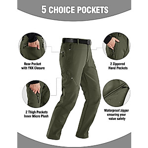 FREE SOLDIER Men's Fleece Lined Outdoor Cargo Hiking Pants Water Repellent Softshell Snow Ski Pants with Zipper Pockets (Army Green 40W x 32L)