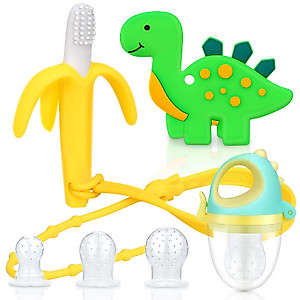SHARE&CARE Baby Toys Dinosaur Teether, Banana Teether, Food Feeder Pacifier, Baby Essentials, Baby Must Haves, Baby Stuff for Newborn (Green)