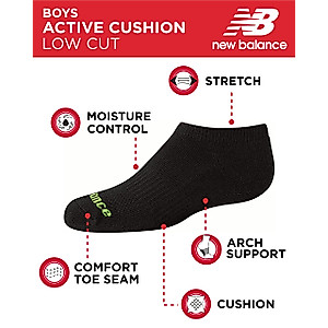 New Balance Boys' Low Cut Socks - 16 Pack Cushioned Athletic Low Cut Ankle Socks for Boys - Breathable Boy's Sports Socks, Size Large, Black