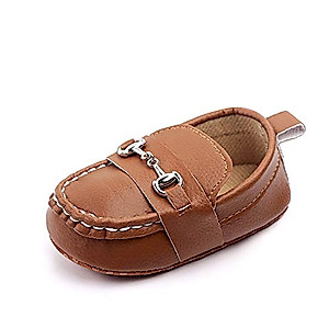 QIETION Baby Girls Boys Loafers, Cute Newborn Crib Shoes, PrewalkerPU Sneakers, Perfect for Baptism/Crawling/Wedding Brown 0-6 Months V201-BR11