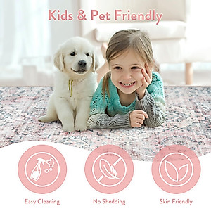 LIVEBOX Washable Rugs 8x10 for Girls Bedroom, Light Pink Area Rugs for Girls Room, Soft Non-Shedding Boho Living Room Rugs, Low-Pile Floral Rug Faux Wool Bedroom Rug 8x10 Under Bed, Blush/Blue