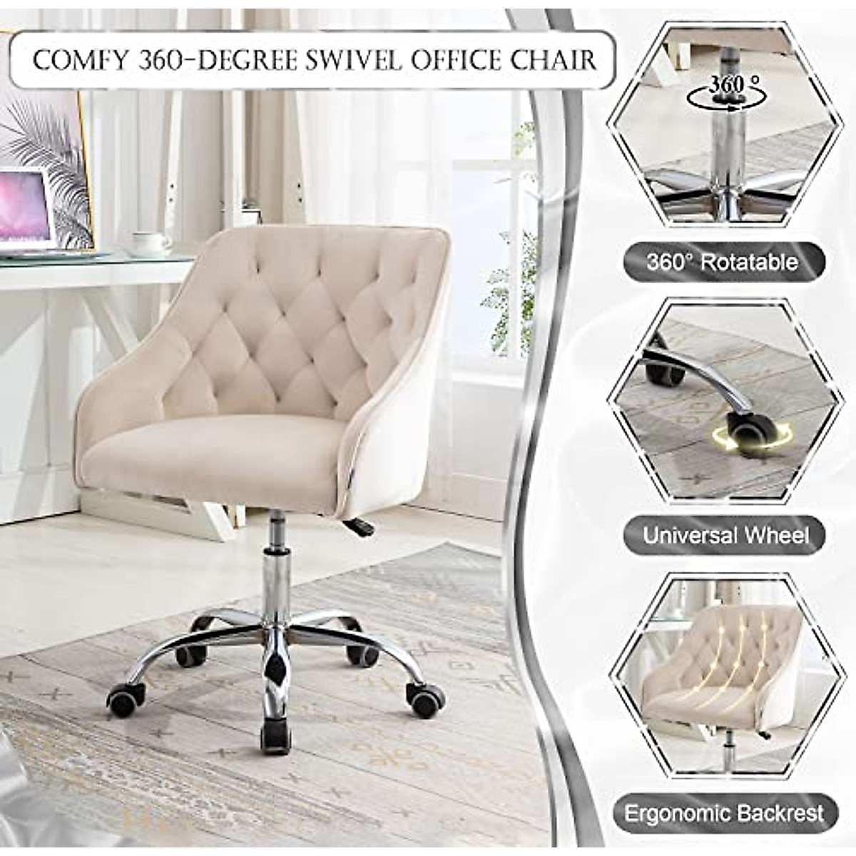 Baysitone Velvet Home Office Desk Chair, Modern Swivel Task Armchair with Adjustable Height, Upholstered Tufted Accent Computer Chair for Home and Office Working or Studying, Beige