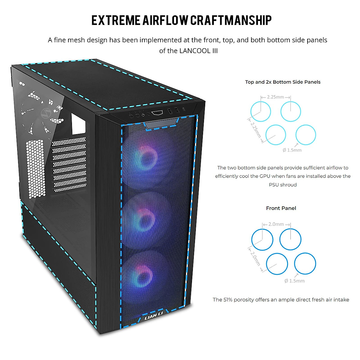 LIAN LI LANCOOL III E-ATX PC Case, Spacious RGB Gaming Computer Case with Hinged Tempered Glass Doors, Fine Mesh Panels, 4x140mm PWM Fans Pre-Installed High Airflow Chassis (Black)