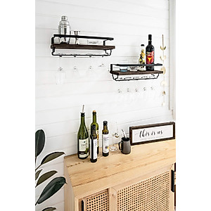 Mkono Set of 2 Wall Wine Rack Rustic Wine Bottle Floating Shelves with Stemware Hanger and Mug Tree Coffee Cup Holder for Countertop with 6 Hooks