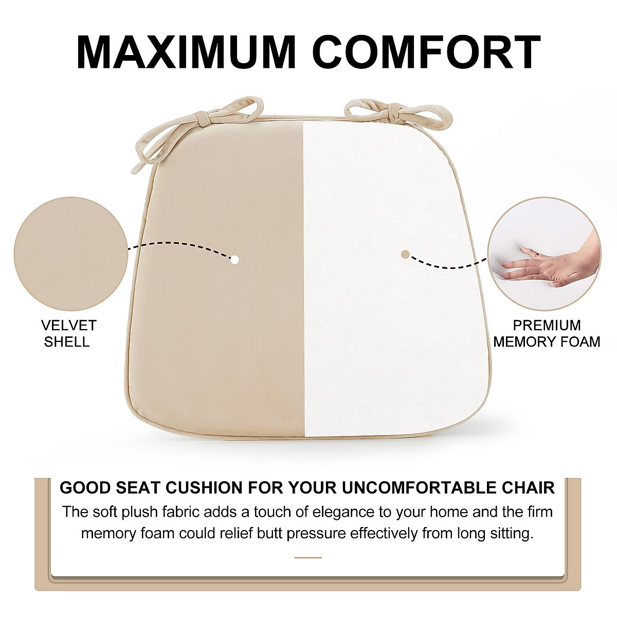 LOVTEX Chair Cushions for Dining Chairs 4 Pack - 17"x16"x1.5" Kitchen Chair Cushions - Dining Chair Pads with Ties, Khaki