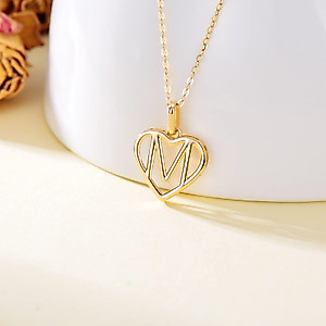 14K Solid Gold Heart Initial Necklaces for Women, Real Gold Heart Pendant Letter C Alphabet Necklace Jewelry Gift for Her, 18" Gold Adjustable Chain (C)