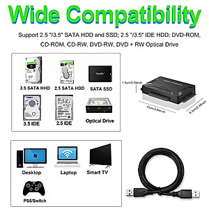 EYOOLD USB 3.0 to SATA IDE Adapter, Hard Drive Reader External Ultra Recovery Converter Compatible with 2.5" 3.5" HDD, SSD,5.25-inch DVD/CD-ROM Optical Drive Data Transfer with Power Supply