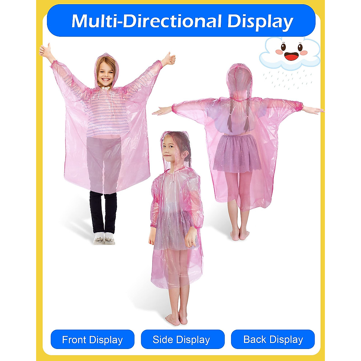 30 Pcs Kids Rain Ponchos Bulk Disposable Rain Ponchos for Kids Emergency Ponchos Disposable Ponchos Pack (Pink, Purple, Blue)