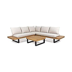 Christopher Knight Home Jerome Outdoor Acacia Wood 5 Seater Sofa Sectional, Teak and Beige