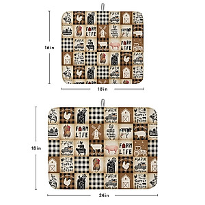 Farm Animals Dish Drying Mat for Kitchen Counter, Farmhouse Rustic Cow Pig Rooster Plaid Baby Bottle Microfiber Drying Pad, Absorbent Coffee Cup Dishes Drainer Mats 18"x24"