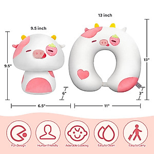 Mewaii Kids Travel Pillow, Cute Strawberry Cow Stuffed Animal Neck Pillow for Kids & Adults, Reversible Plush Squishy 2-in-1 Travel Plush Pillow for Airplane, Car, Train