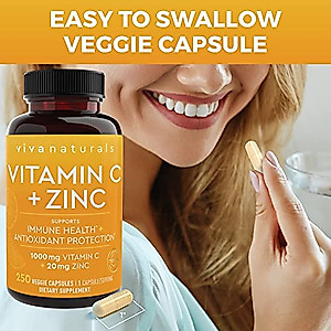 Vitamin C with Zinc (250 Veggie Capsules) - Vitamin C 1000mg and Zinc 20mg with Citrus Bioflavonoids and Rose Hips, Immune Support Supplement and Powerful Antioxidant