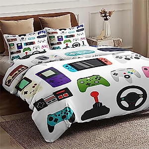 Duvet Cover Twin Size, Game Gaming Retro Wireless Bedding Set with Zipper Closure for Kids and Adults, Wheel Gamepad Steering Comforter Cover with Pillow Sham for Bedroom Bed Decor