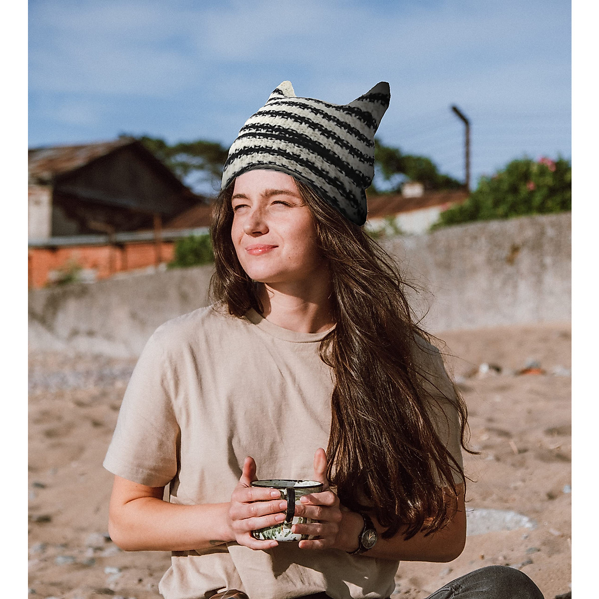 Women Striped Beanie Hat with Little Devil Horn Winter Warm Cap Cute Cat Ears Knitted Hat Fall (Black)