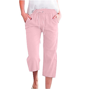 Pants Women Women's Summer Beach Pants Drawstring Elastic Waist Solid Trousers Slacks Cotton Linen Capri Pants Plus Size Relaxed Fit Pink XL